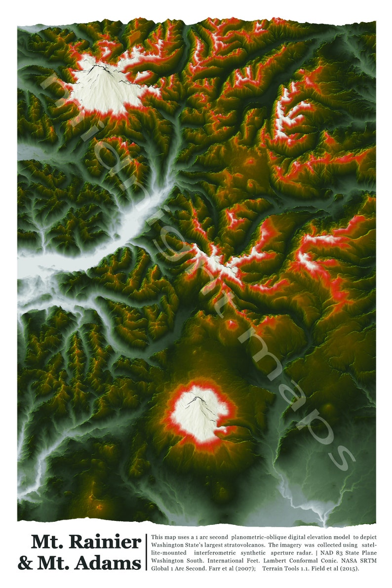 Poster Map of Mt. Rainier and Mt. Adams, Washington State - Etsy