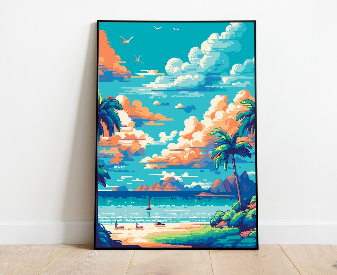 Caribbean Beach Pixel Vector Art | Poster Print | Travel Decor ...