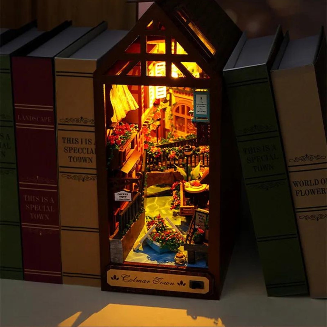 DIY Wooden Book Nook Shelf Insert Kit Miniature Fairy Tale Town Bookshelf Forest House Dollhouse ...