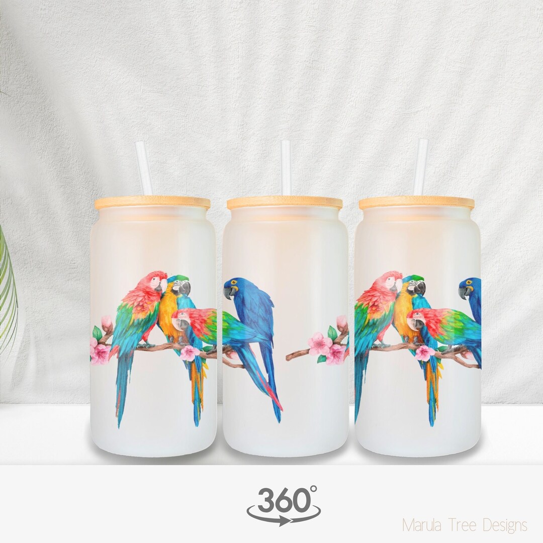 Parrot Iced Coffee Glass Cup, Custom Parrot Frosted Glass Cup, Birbs ...