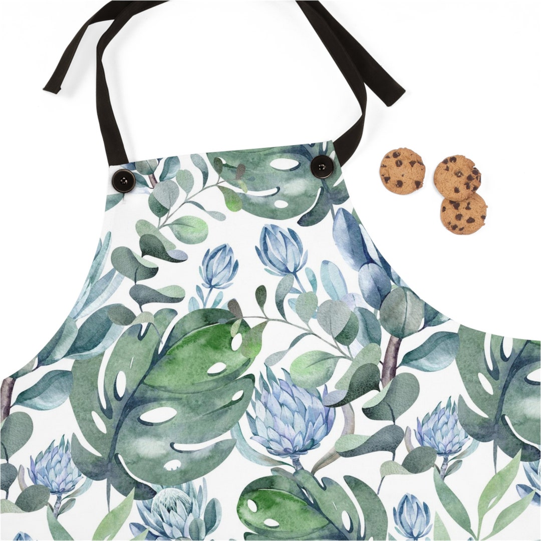 Blue Flower Apron, Blue Floral Chef Apron, Tropical Flower Apron ...