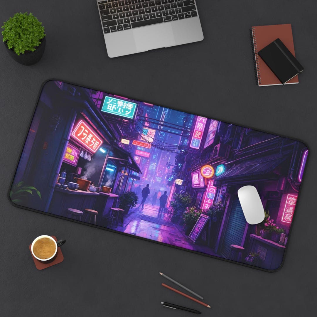 Cyberpunk Desk Mat XL – Neon City Gaming Mousepad, Ramen Shop Desk Pad ...