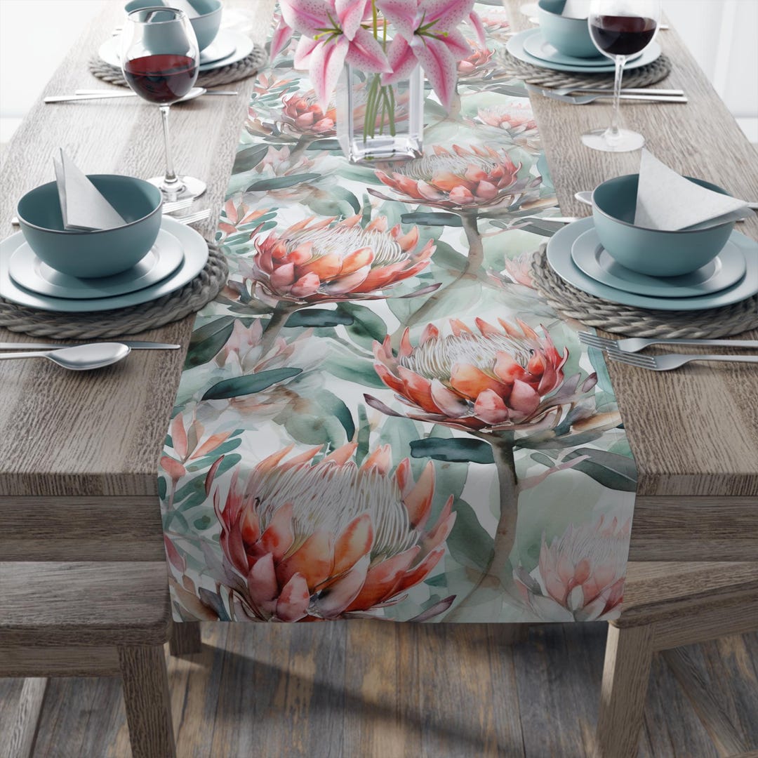 Protea Table Runner, Floral Table Runner, Flowers Print Table Linen ...