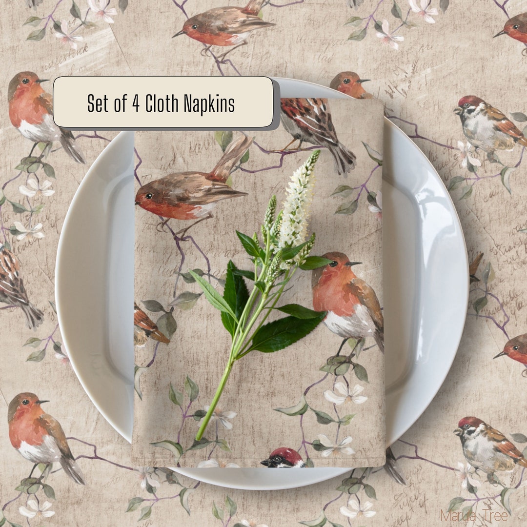 Winter Birds Cloth Napkin Set, Fall Bird Print Dinner Napkins, Birds ...