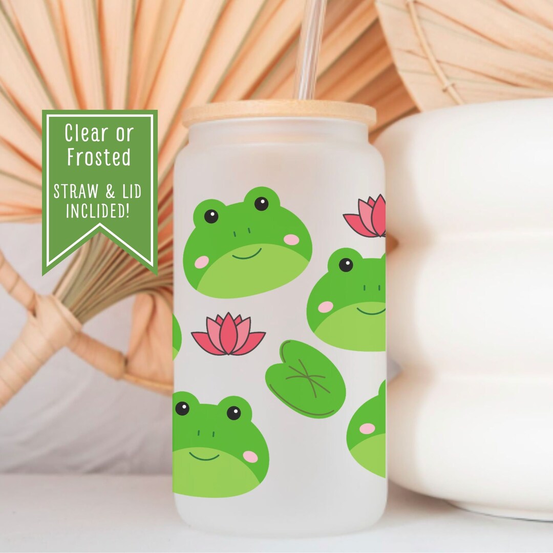 Frog Iced Coffee Glass Cup, Frog Glass Cup, Happy Frog Cup, Frog Lover ...