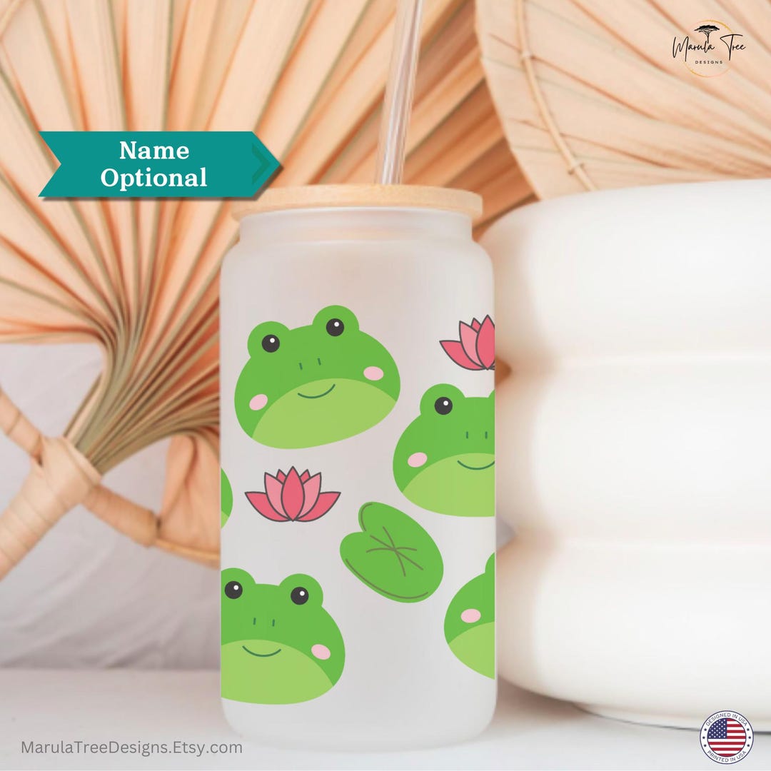 Cute Frog Glass Cup 16oz, Frog Can Glass With Bamboo Lid, Aesthetic ...