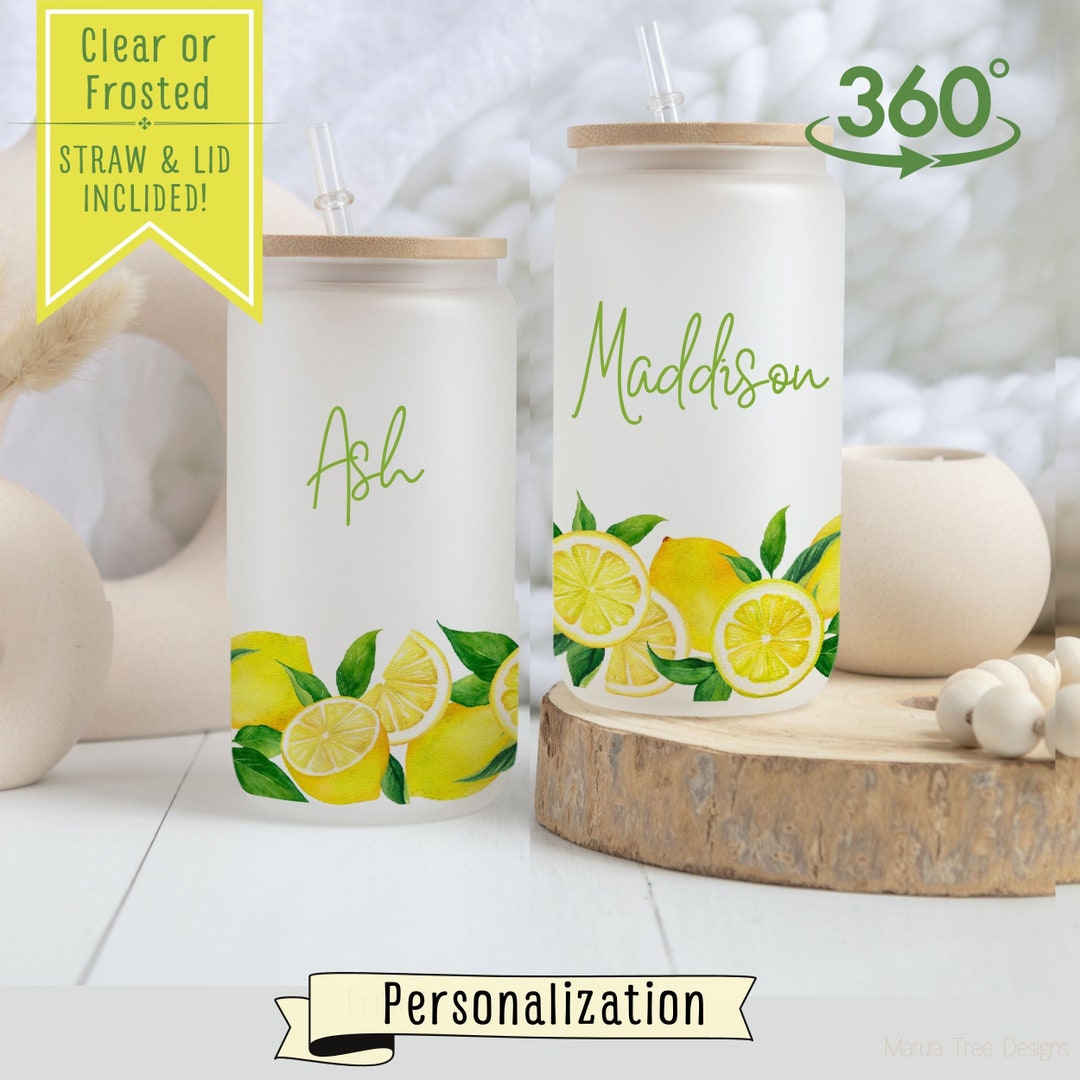 Personalized Lemon Glass Iced Coffee Cup, Lemon Frosted Glass Can ...
