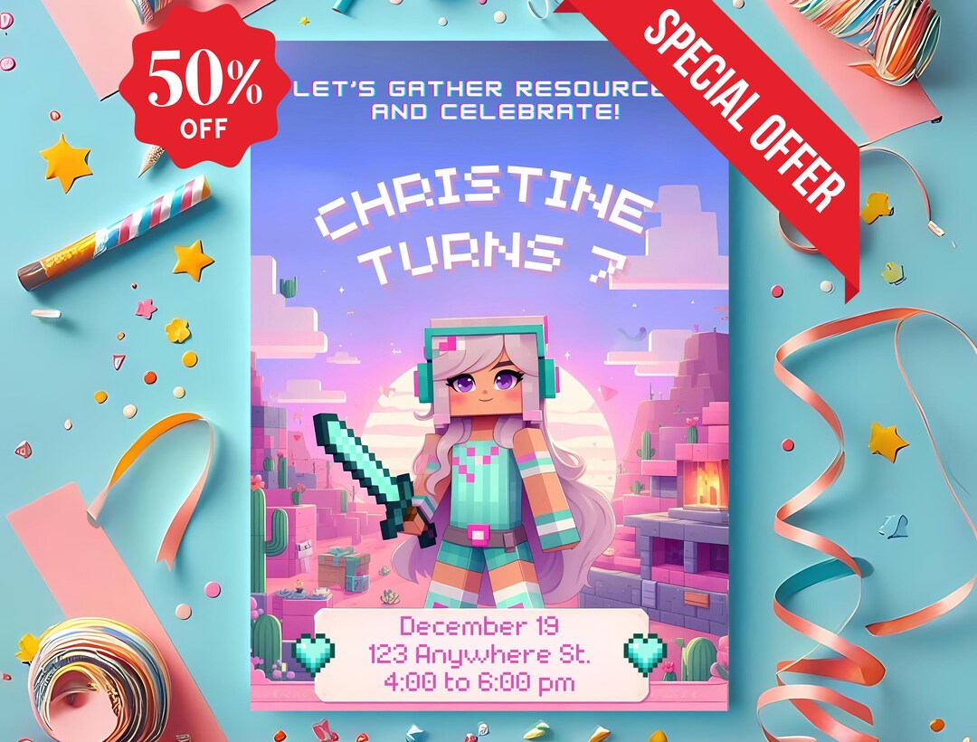Girl Gamer Birthday Invitation, Pixelated Sword, Editable Template ...