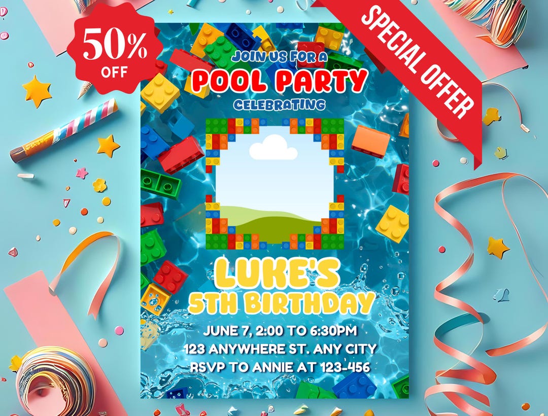 Building Blocks Pool Party With Image Invitation: Editable Birthday ...