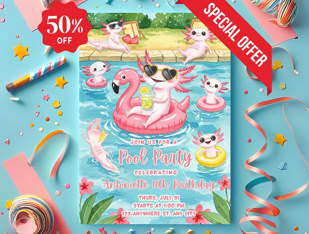 Axolotl Pool Party,axolotl Pool Party Invite Template, Axolotl Pool ...