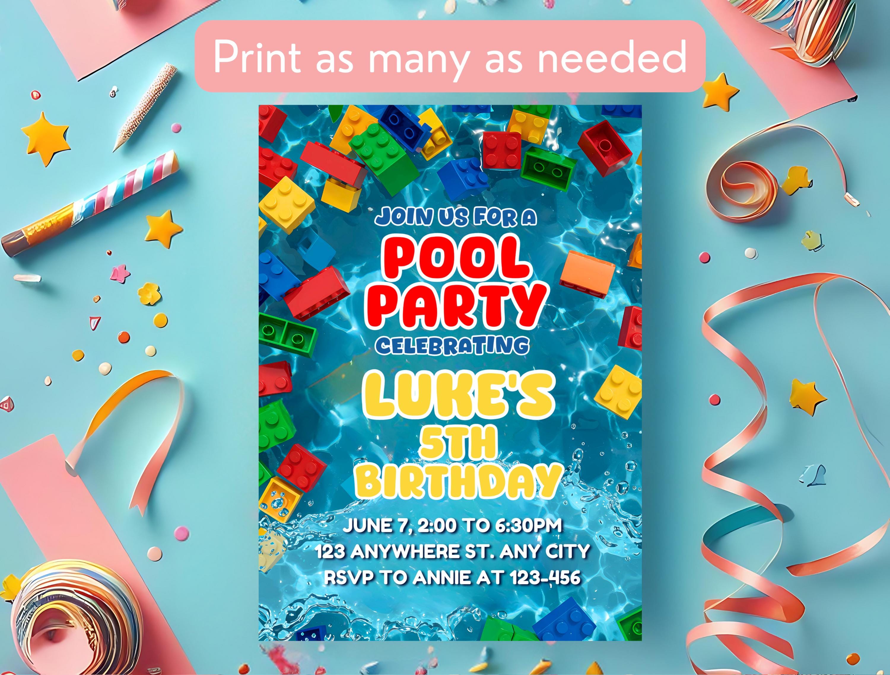 Building Blocks Pool Party Invitation: Editable Birthday Invite ...