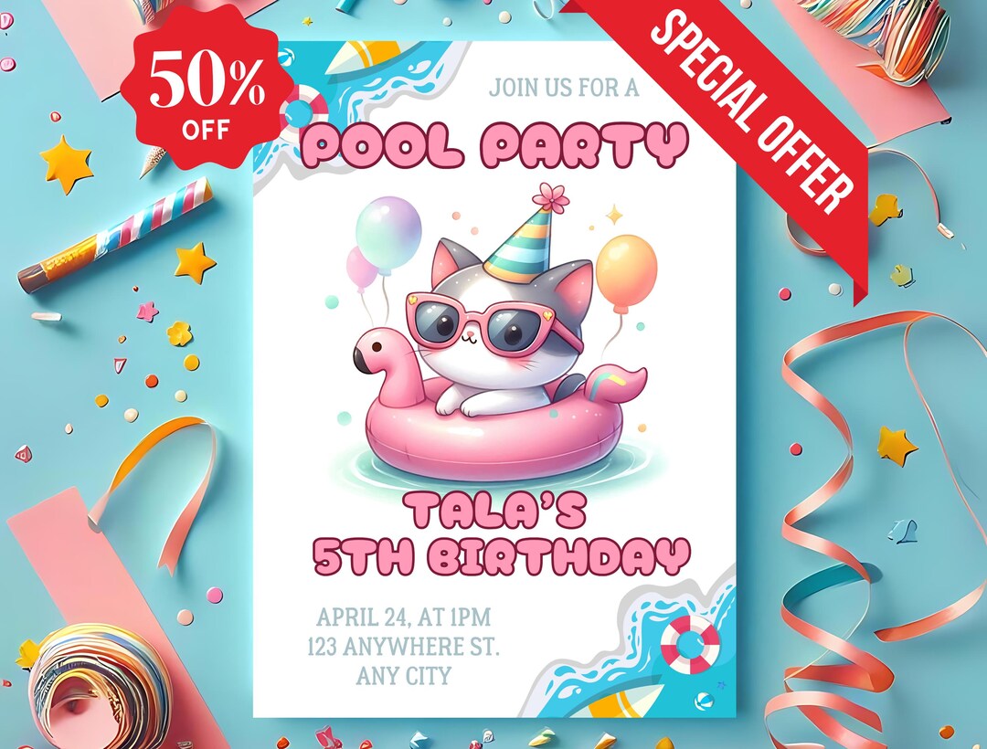 Pool Party Cat Birthday Invitation, Summer Splash Cat Pool Party ...