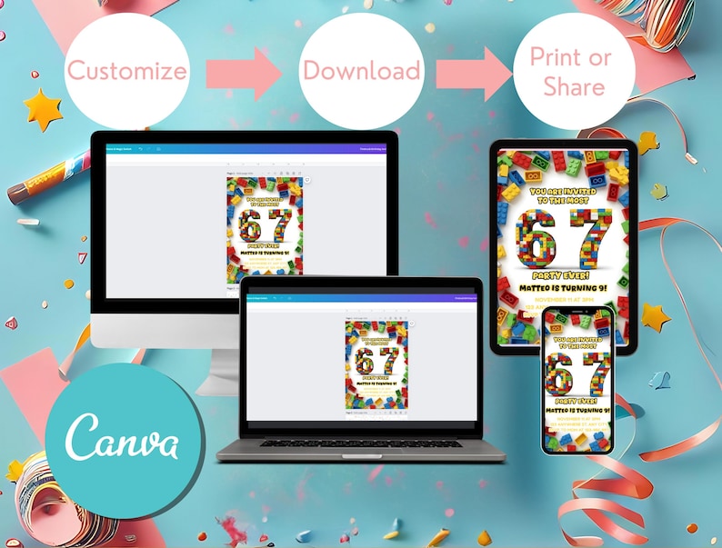 Building Blocks 67 Meme Birthday Invitation: Editable Canva Template ...