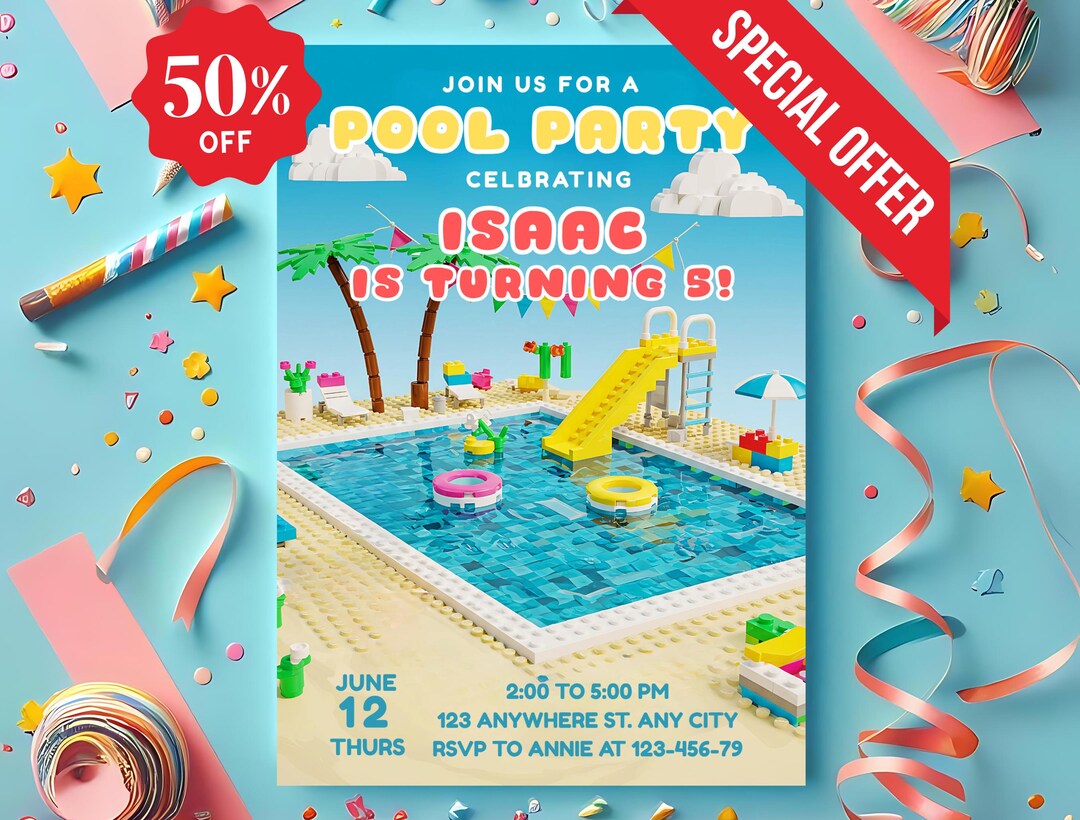 Building Blocks Pool Party Invitation: Editable Birthday Template ...