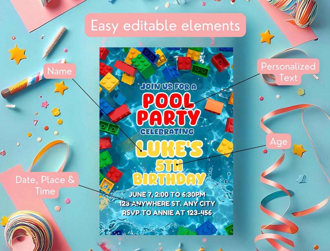 Building Blocks Pool Party Invitation: Editable Birthday Invite ...