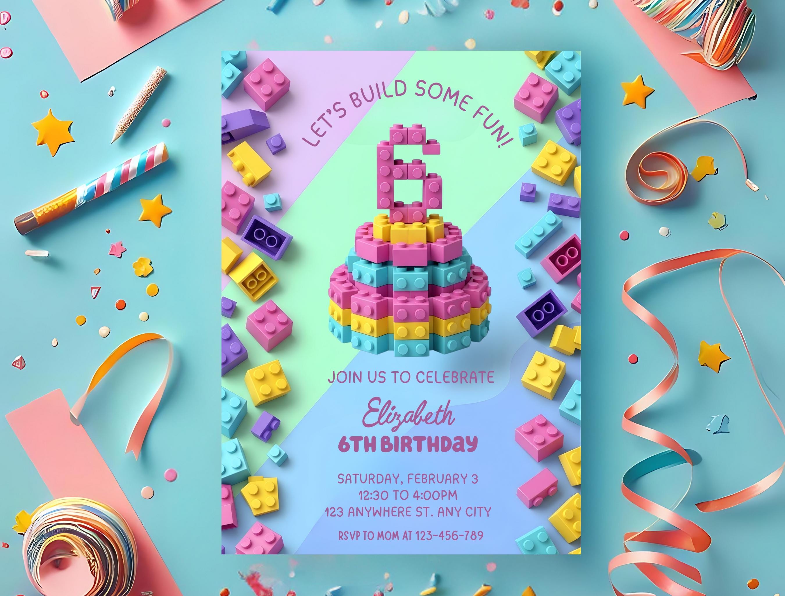 Editable Building Blocks 6th Birthday Invitation Girl , Digital ...