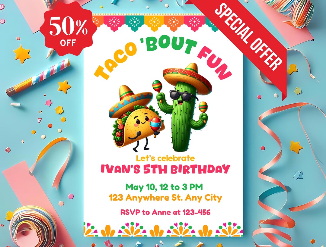 Taco 'bout Party Birthday Invitation: Fiesta Party, Cactus Design ...