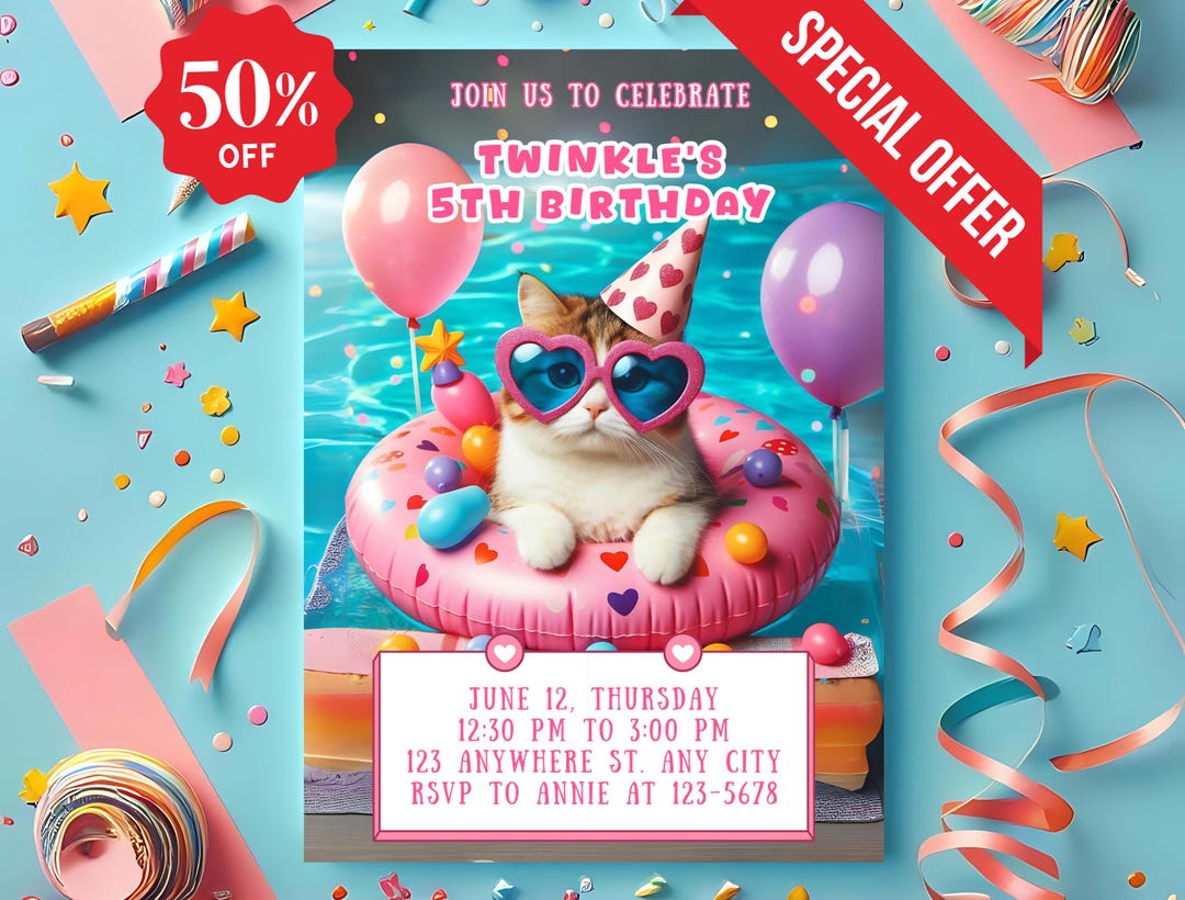 Pool Party Girl,pool Party Girl Invitation,pool Party Cat,cat Pool ...