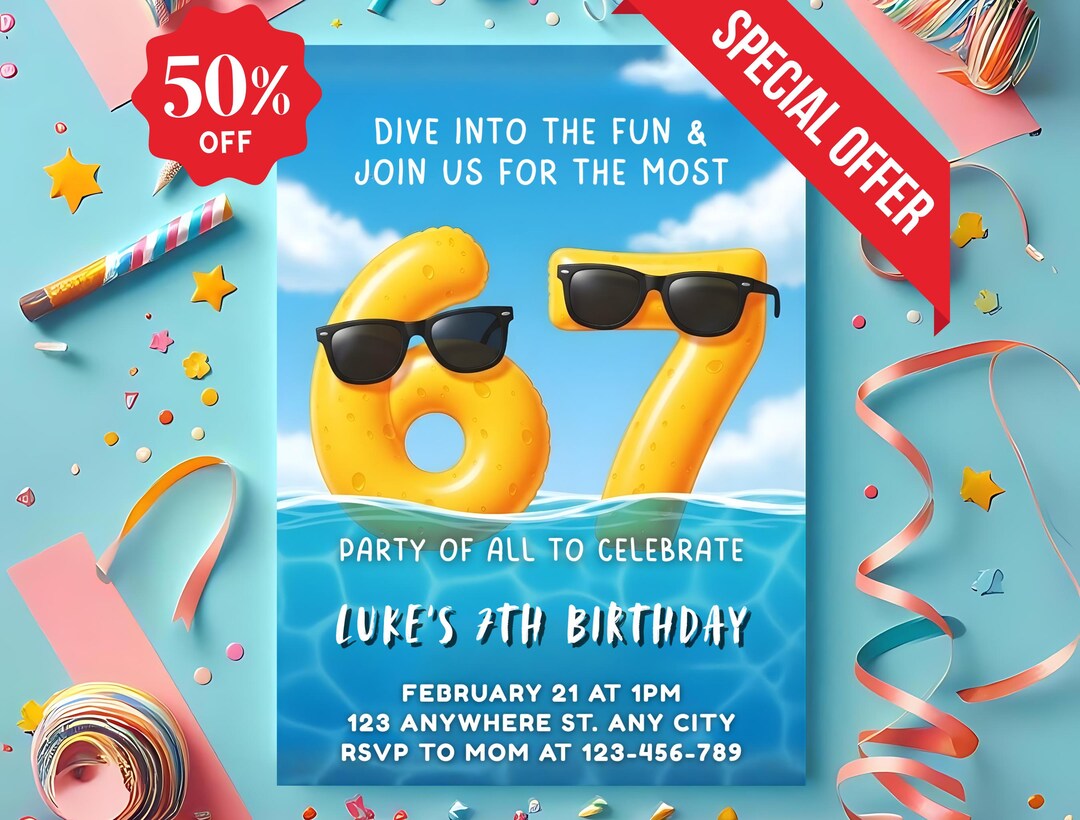 Pool Party Birthday Invitation, 7th Birthday Pool Party, 67 Meme Theme ...