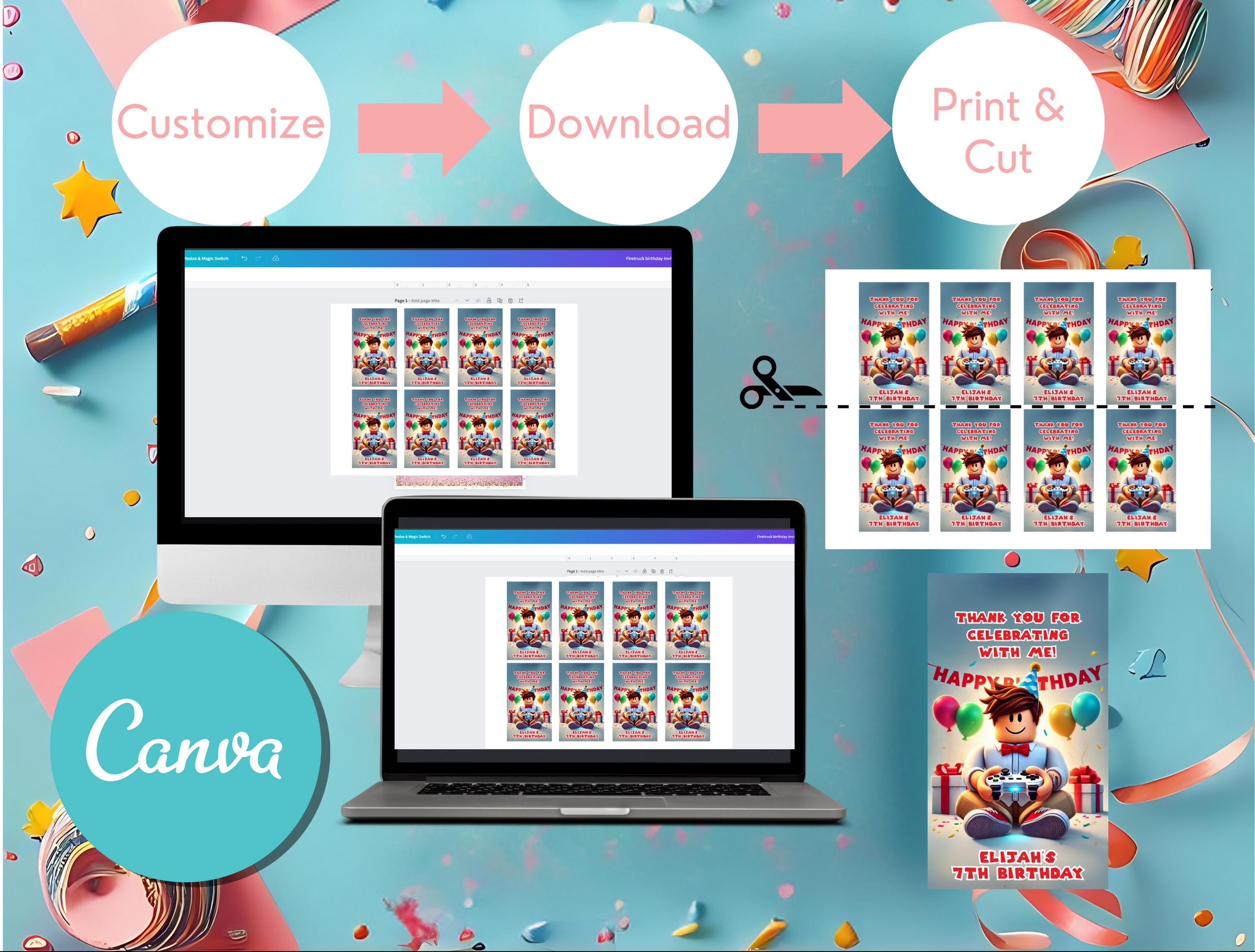 Blocky Game Birthday Thank You Tags: Editable Template (canva Template ...