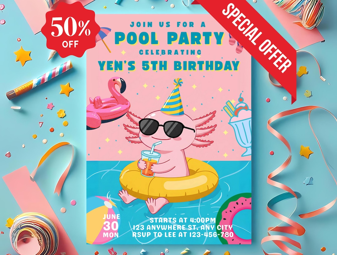 Axolotl Pool Party,axolotl Pool Party Invite Template, Axolotl Pool ...