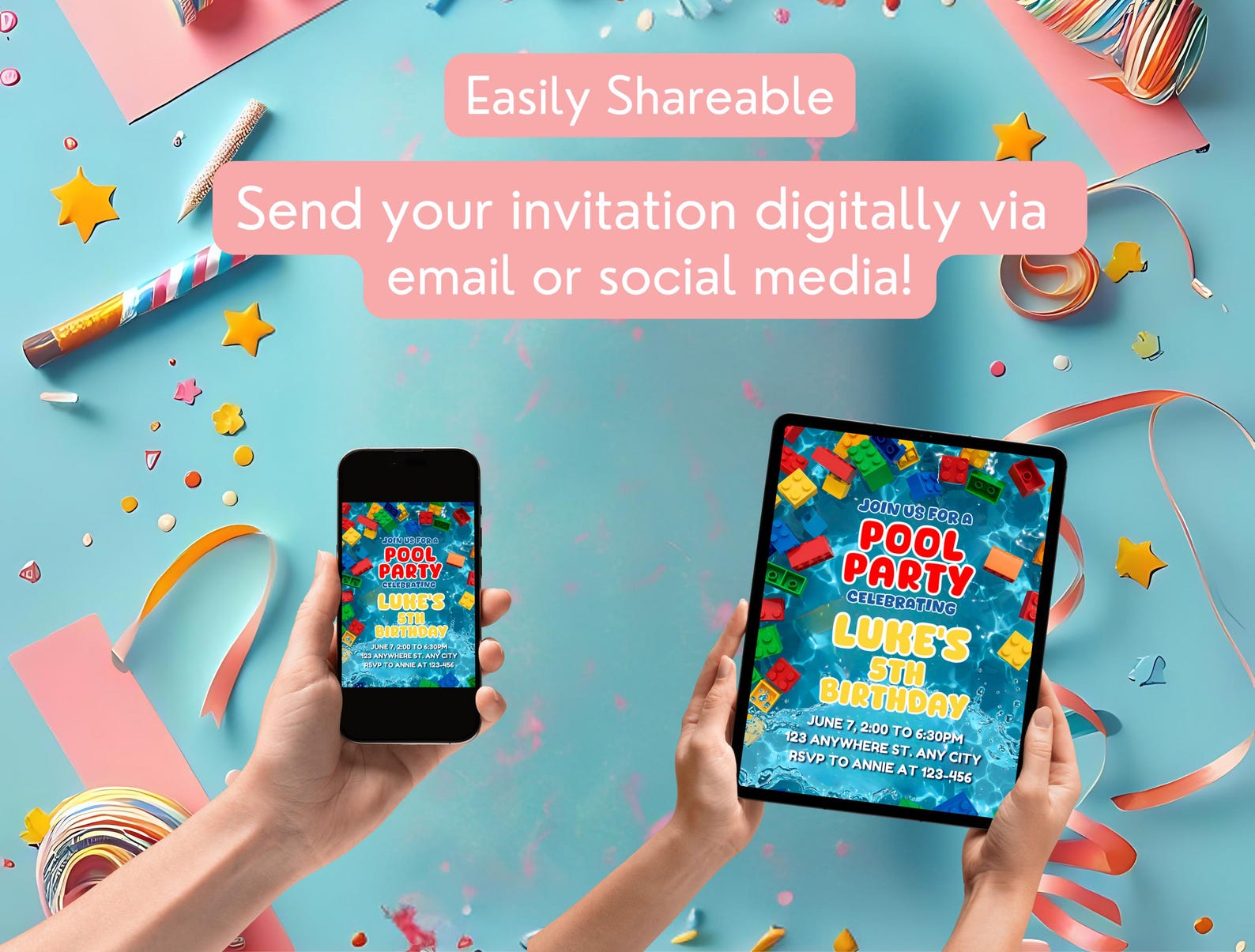 Building Blocks Pool Party Invitation: Editable Birthday Invite ...