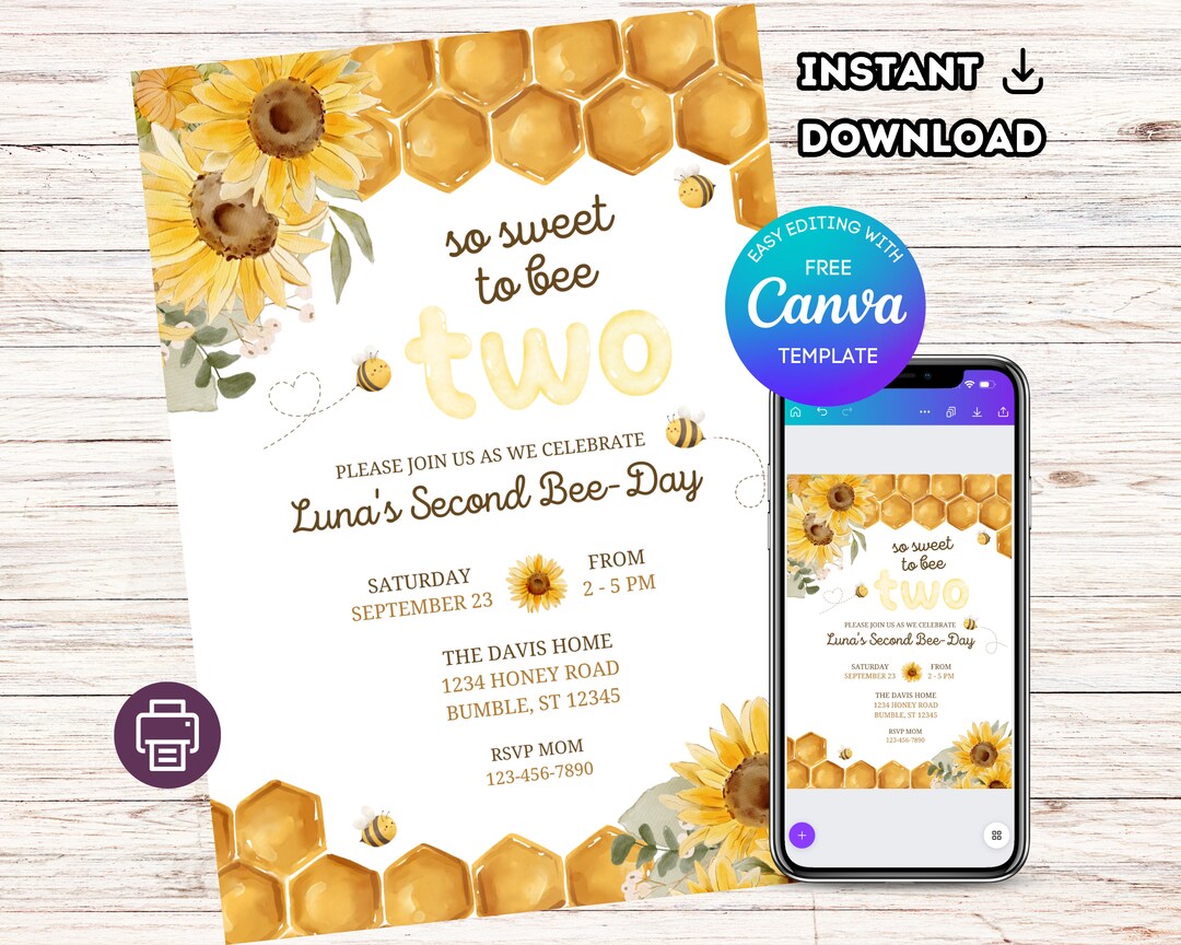 Bee Second Birthday Party Invitation Editable Birthday - Etsy