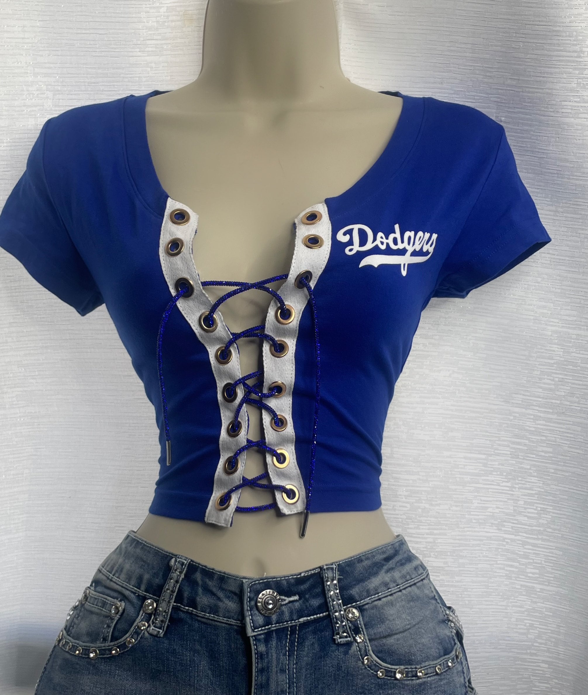 Dodgers Crop Top With Blue Rhinestone Lace - Etsy