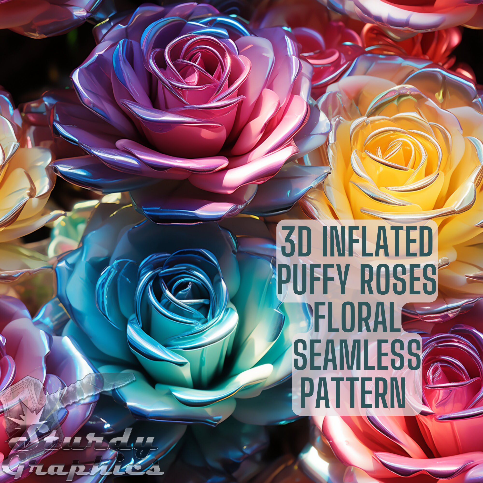 3D Inflated Rainbow Roses Flowers Seamless Pattern, Bubble Puffy Wrap ...