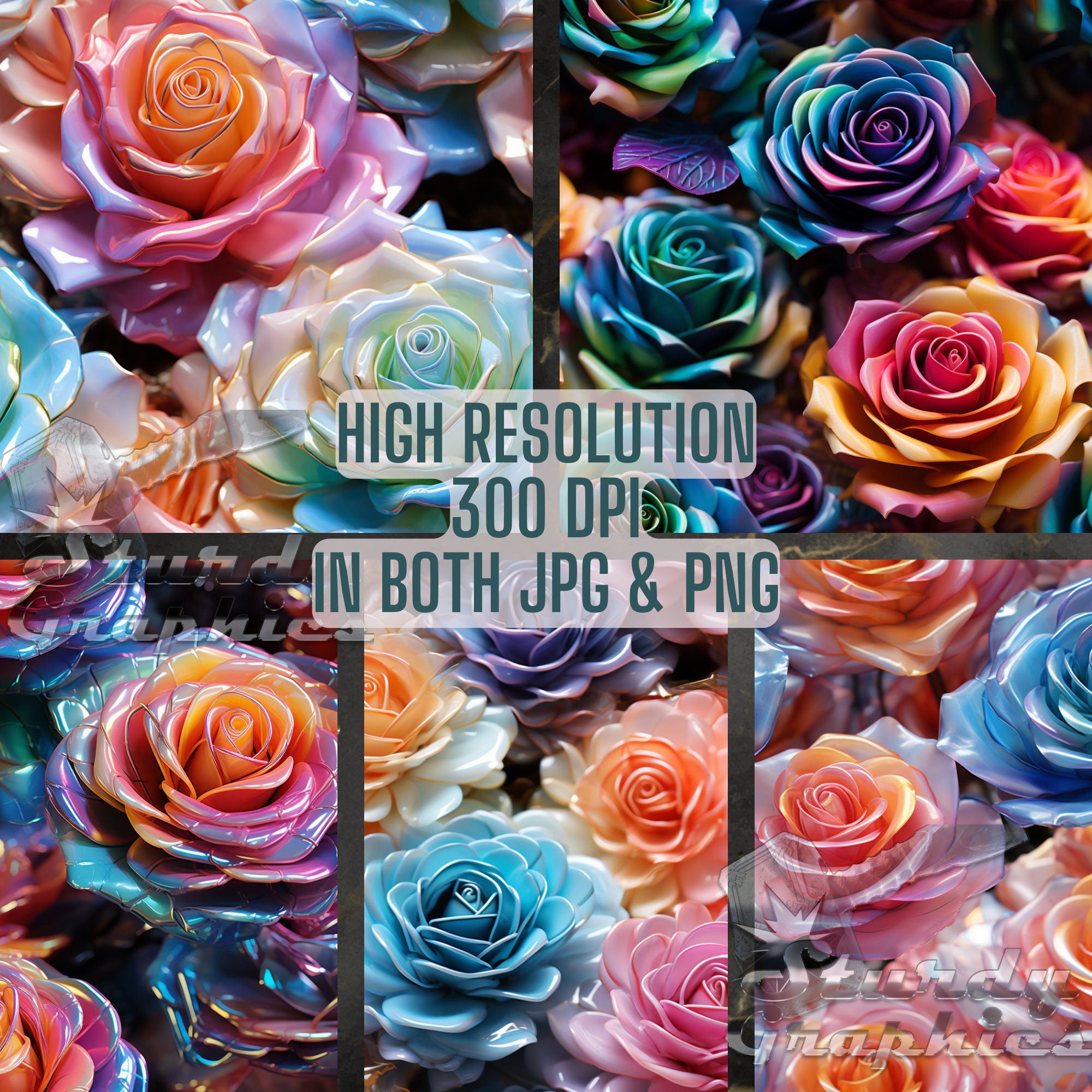 3D Inflated Rainbow Roses Flowers Seamless Pattern, Bubble Puffy Wrap ...