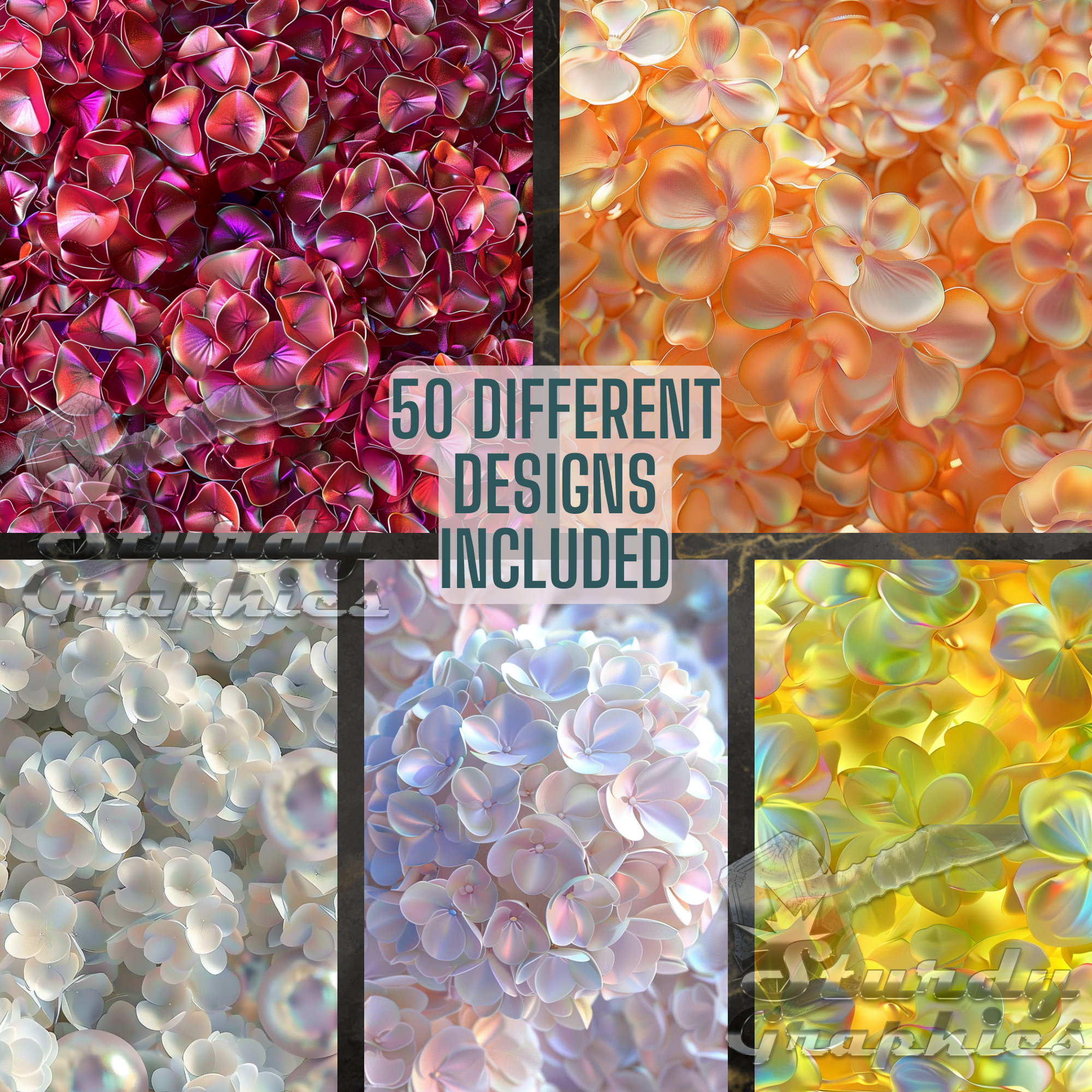 3D Inflated Puff Rainbow Hydrangea Flowers Seamless Pattern Pack Mega ...