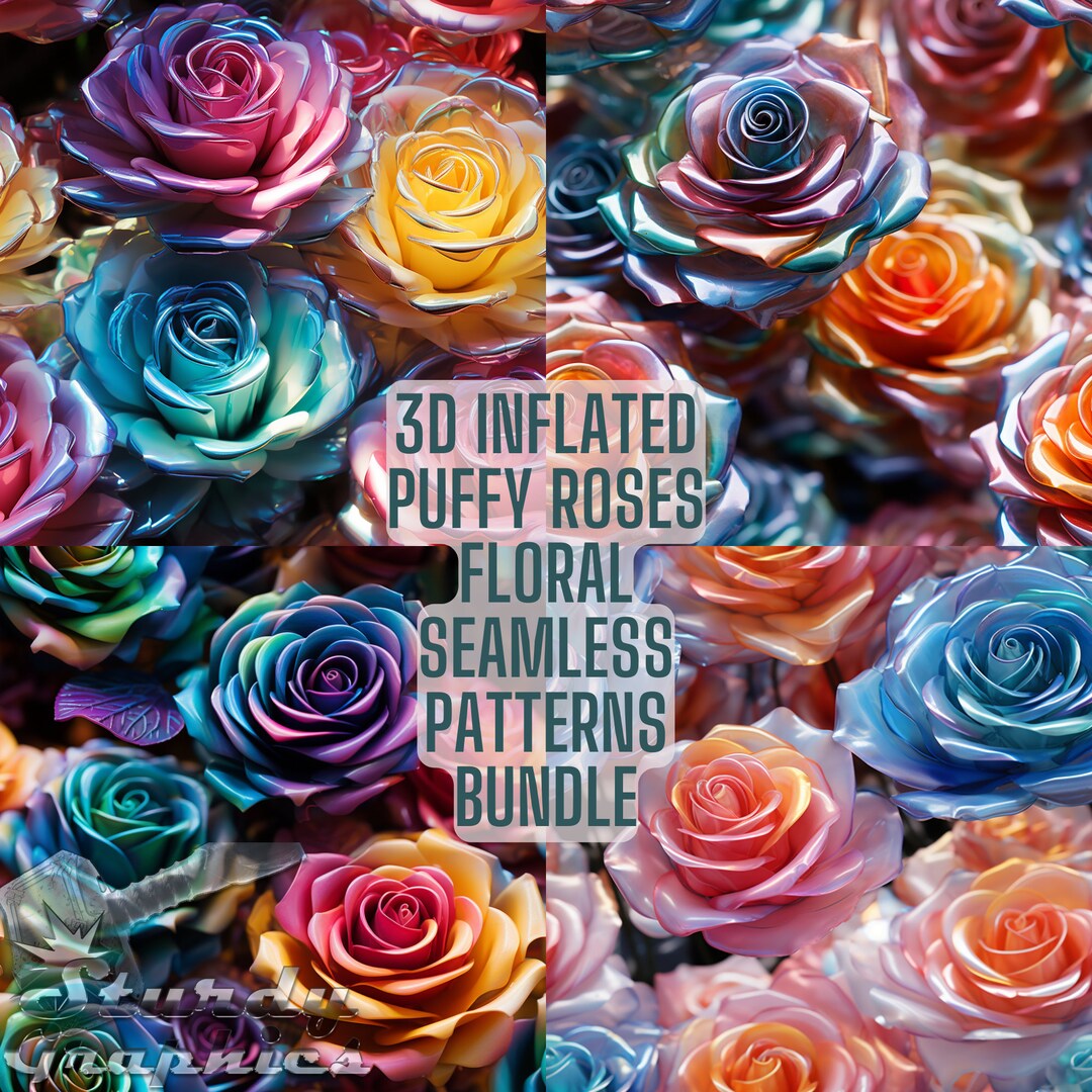 3D Inflated Rainbow Roses Flowers Seamless Pattern, Bubble Puffy Wrap ...