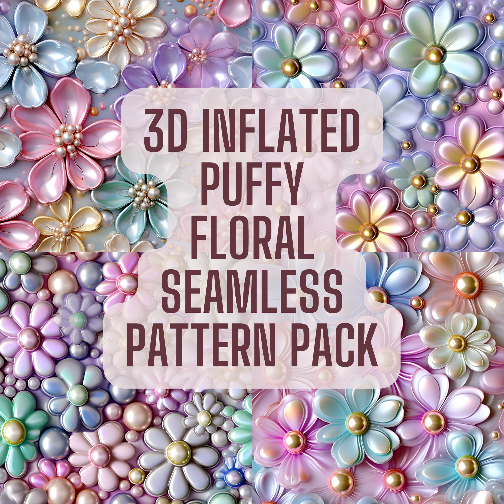 3D Inflated Puff Rainbow Flowers Seamless Pattern Pack, Bubble Puffy ...