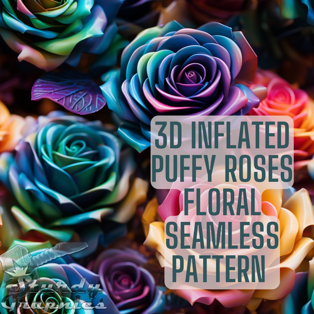 3D Inflated Rainbow Roses Flowers Seamless Pattern, Bubble Puffy Wrap ...