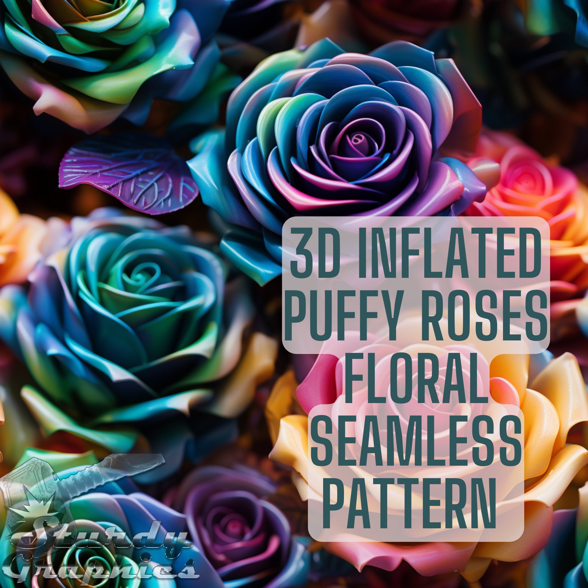 3D Inflated Rainbow Roses Flowers Seamless Pattern, Bubble Puffy Wrap ...