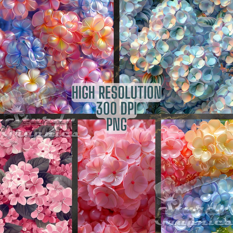 3D Inflated Puff Rainbow Hydrangea Flowers Seamless Pattern Pack Mega ...