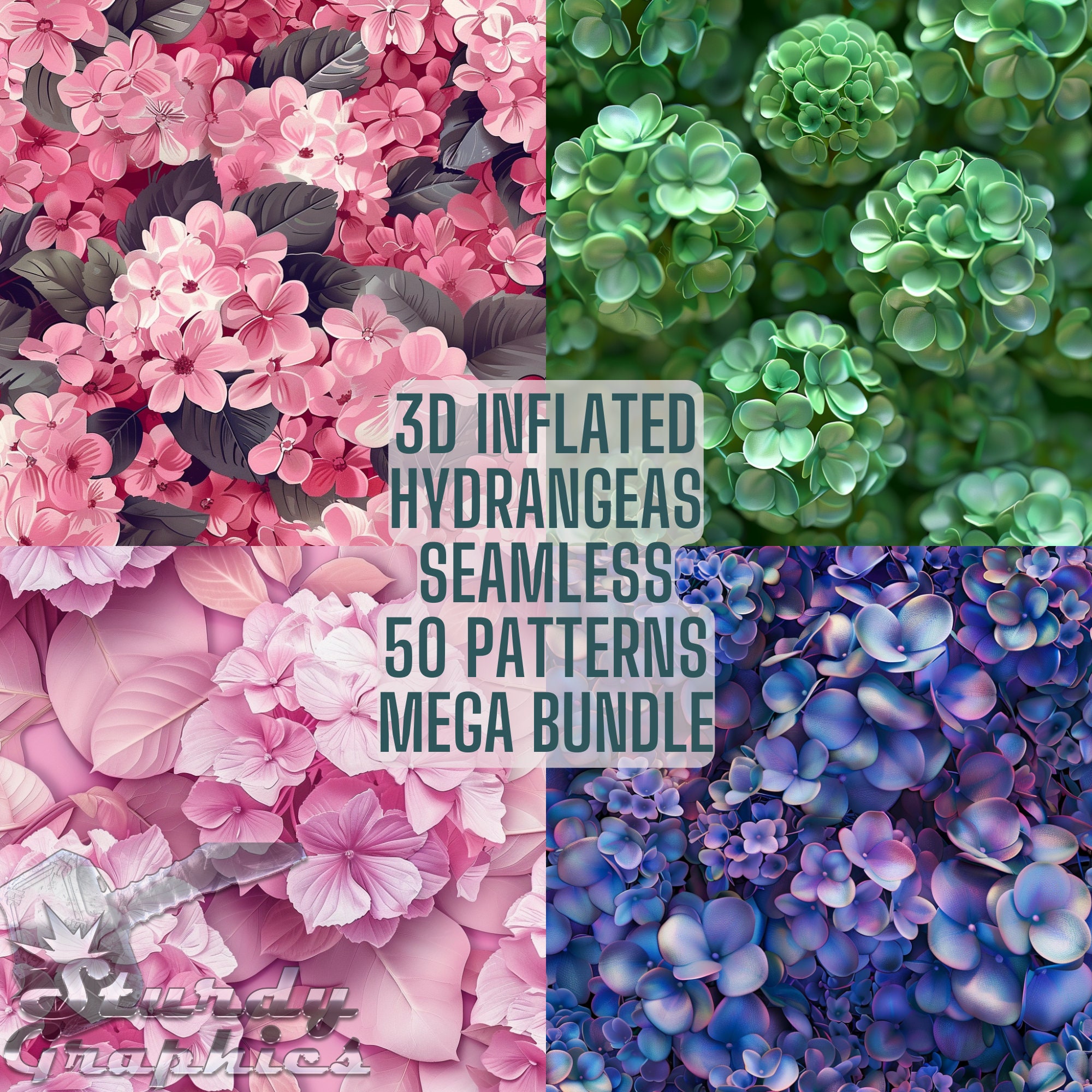 3D Inflated Puff Rainbow Hydrangea Flowers Seamless Pattern Pack Mega ...