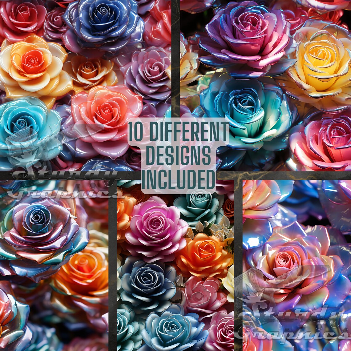 3D Inflated Rainbow Roses Flowers Seamless Pattern, Bubble Puffy Wrap ...