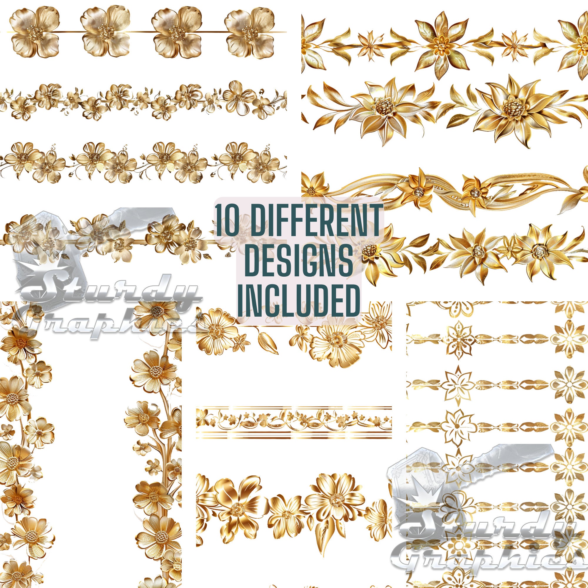 Transparent Background Gold Flower Bands Seamless Pattern Pack Bundle ...