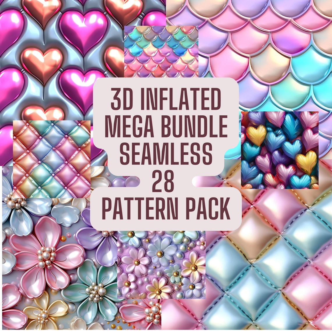 3D Inflated Puff Rainbow Flowers Seamless Pattern Pack Mega Bundle ...