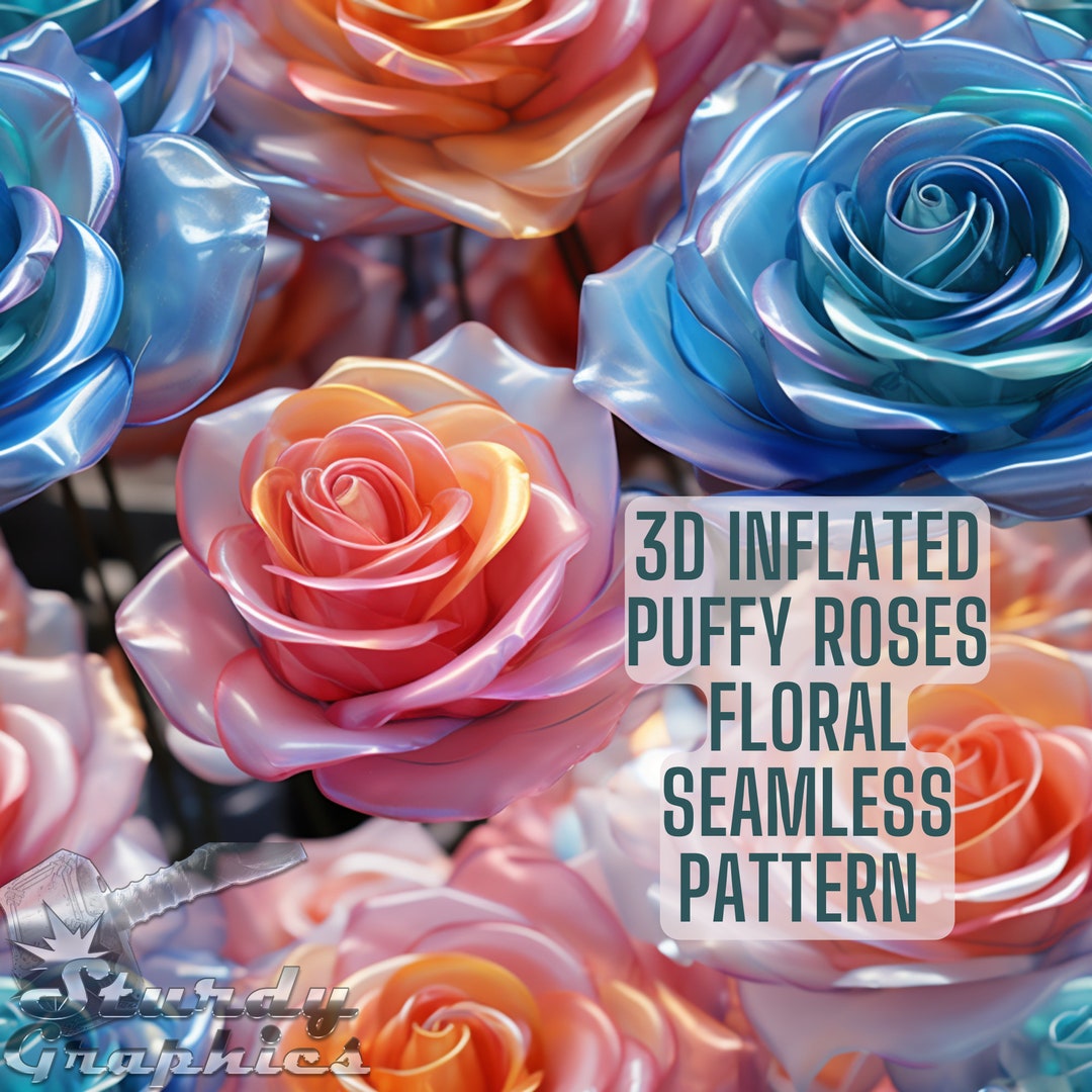 3D Inflated Rainbow Roses Flowers Seamless Pattern, Bubble Puffy Wrap ...
