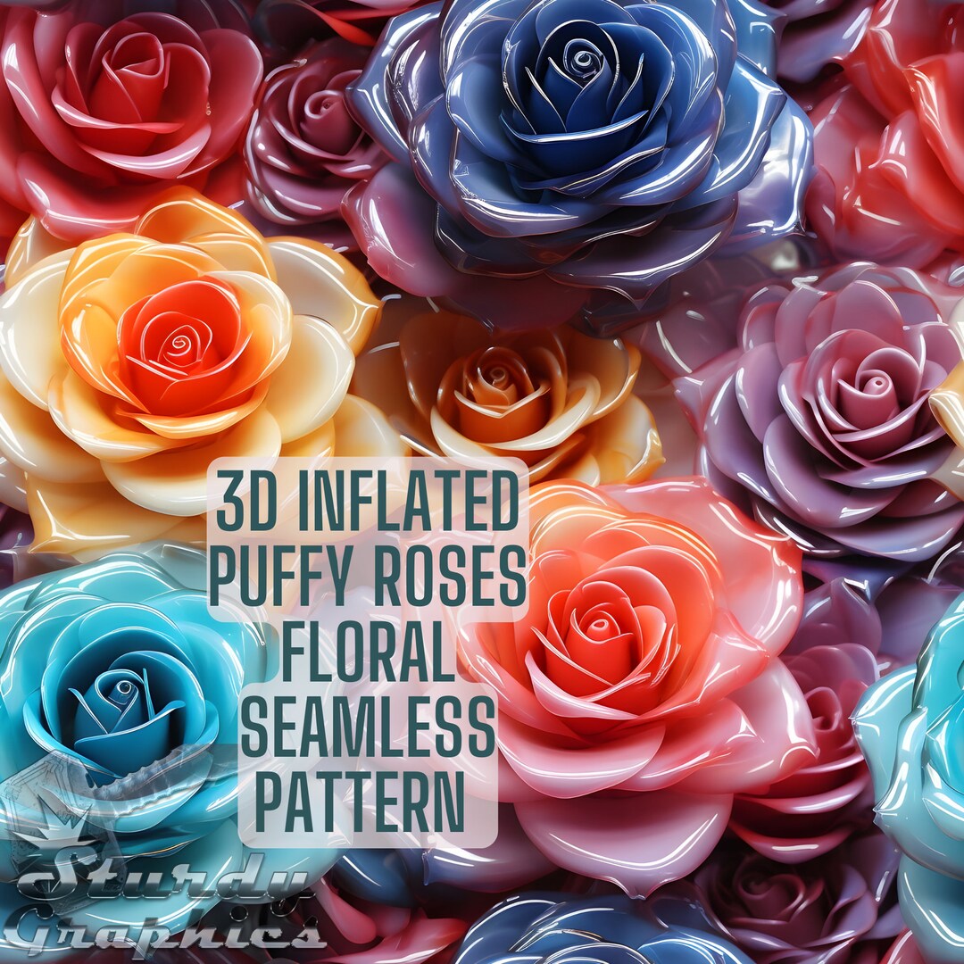 3D Inflated Rainbow Roses Flowers Seamless Pattern, Bubble Puffy Wrap ...