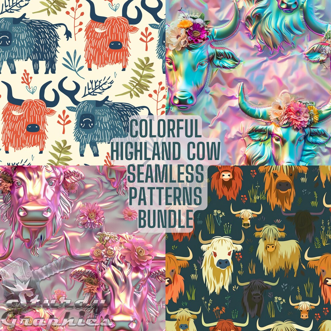 Seamless Highland Cow Patterns Mega Bundle, 3D Inflated Puffy Seamless ...