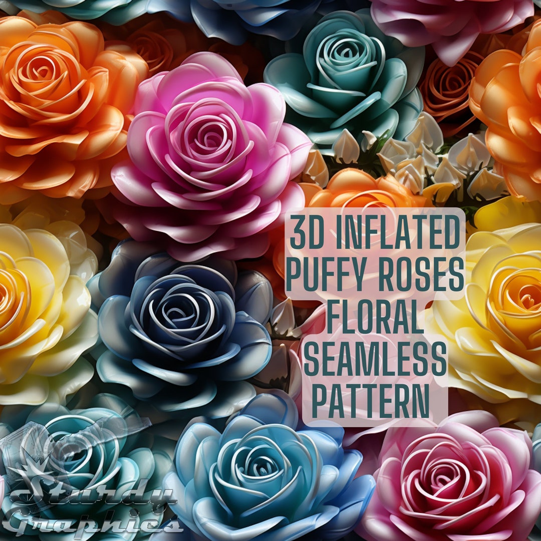 3D Inflated Rainbow Roses Flowers Seamless Pattern, Bubble Puffy Wrap ...