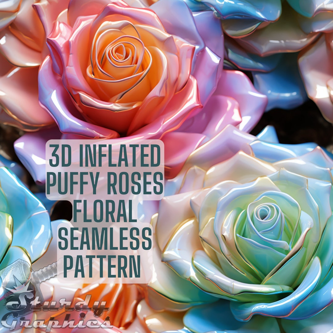 3D Inflated Rainbow Roses Flowers Seamless Pattern, Bubble Puffy Wrap ...