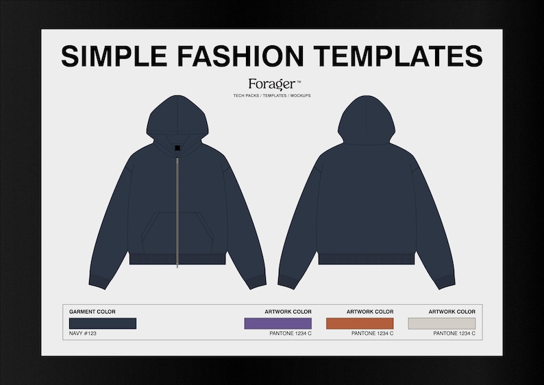 Simple Zip Hoodie Tech Pack CAD Template | Affordable Streetwear Vector ...