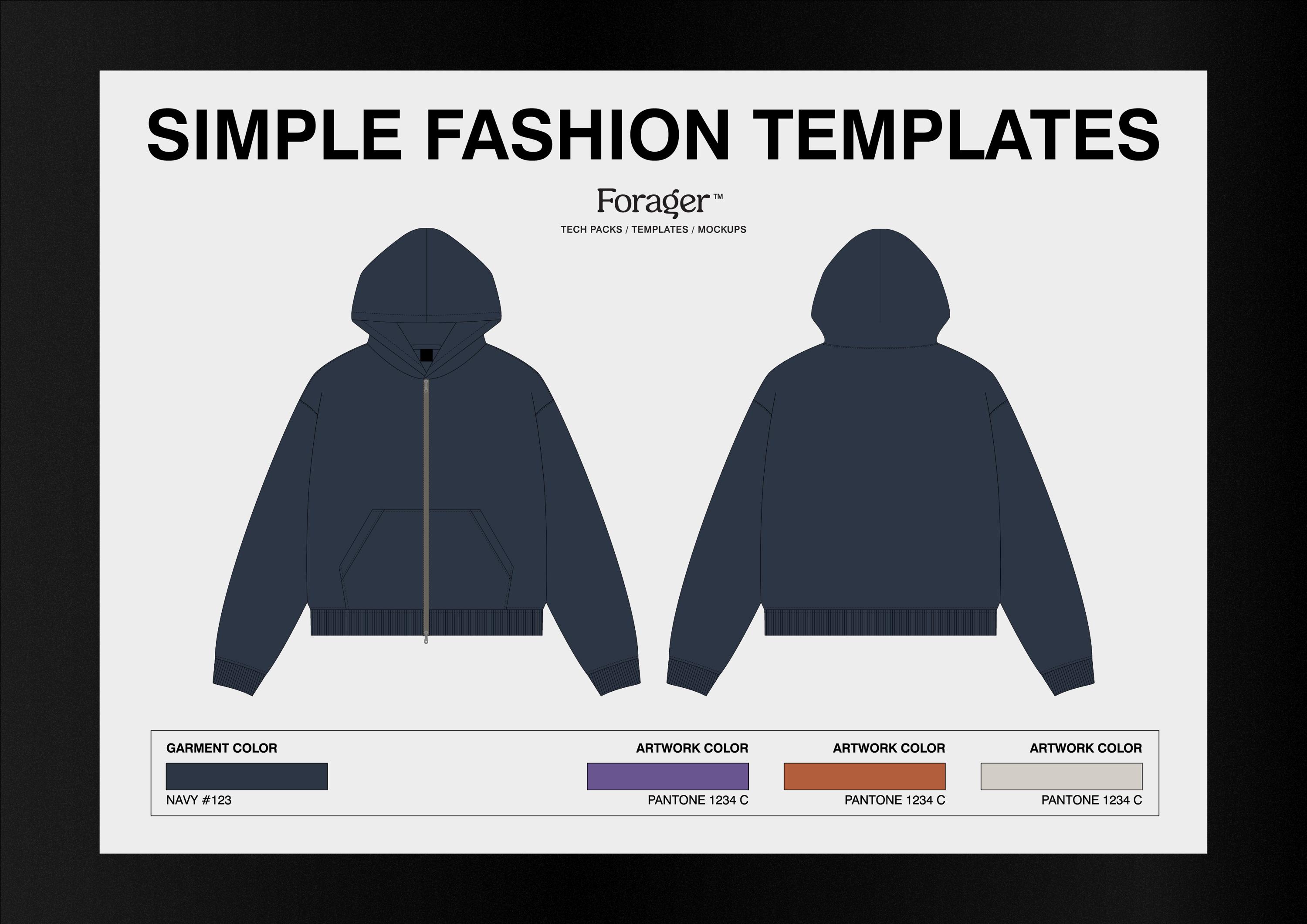 Simple Zip Hoodie Tech Pack CAD Template | Affordable Streetwear Vector ...