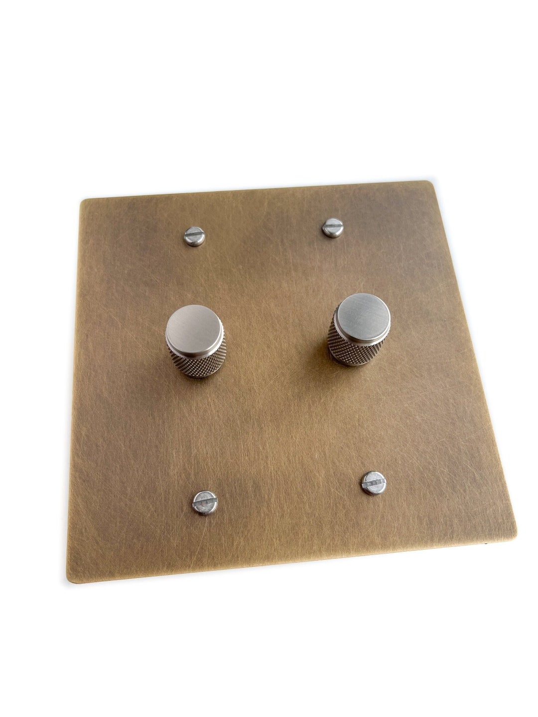Antique Aged Brass Dual Dimmer Switch Plate Textured Silver Knobs ...