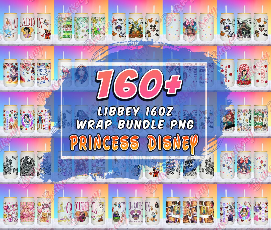 160 Designs Princess Character 16oz Glass Can PNG Bundle, Princess ...