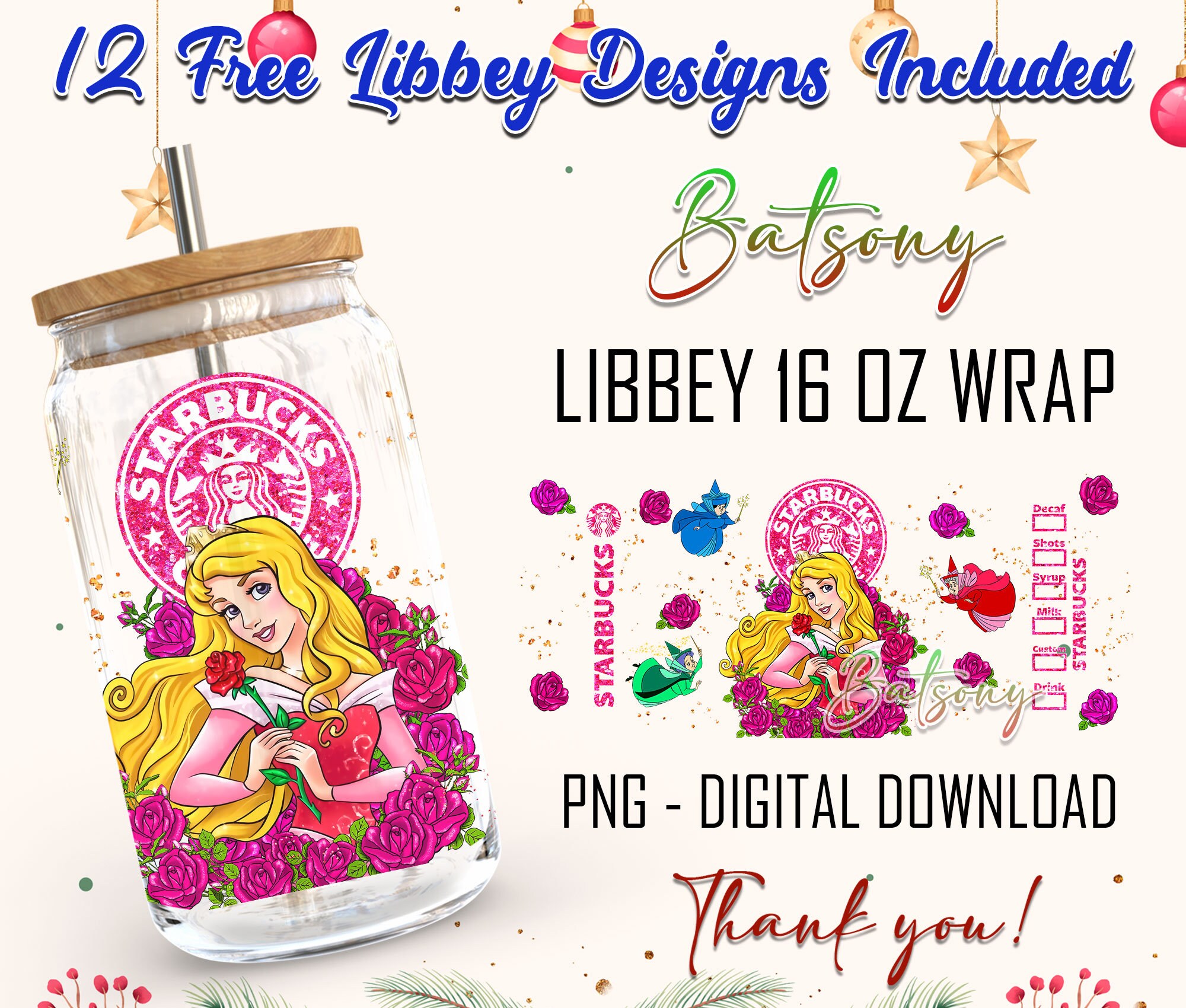 Princess 16 Oz Libbey Glass Can Wrap Png Sublimation Instant Download, Princess Libbey Glass Cup ...
